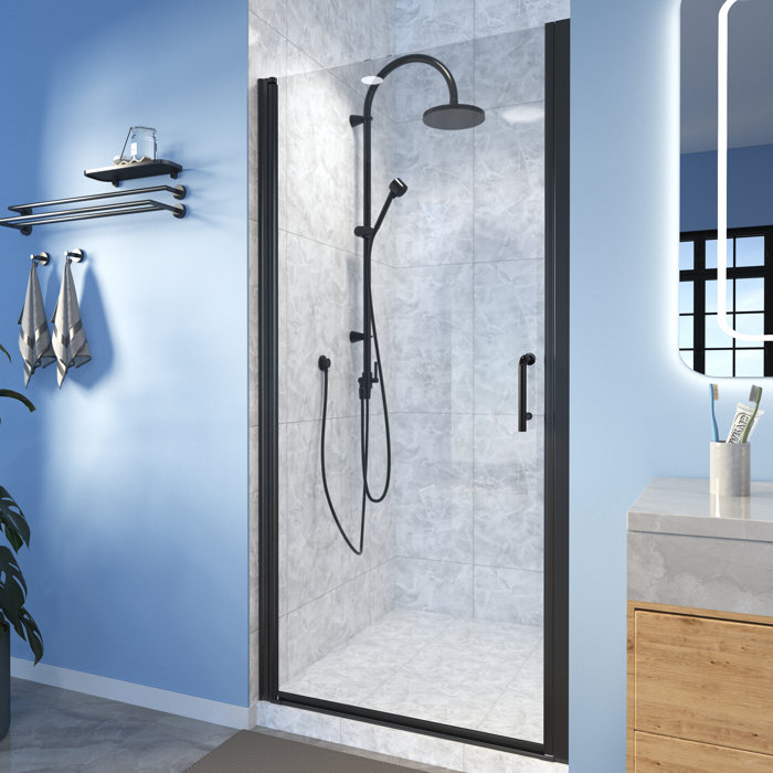 ExBrite 36'' - 37.38'' W x 72'' H Pivot Semi-Frameless Shower Door with Clear Glass | Wayfair
